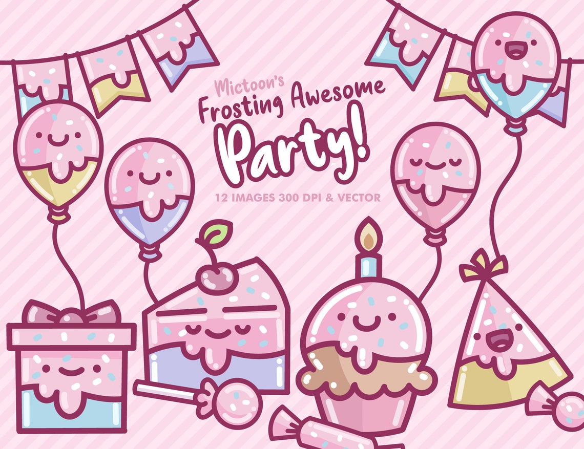 Kawaii Cute Birthday Cake Party Clipart EPS & PNG Illustrations for ...