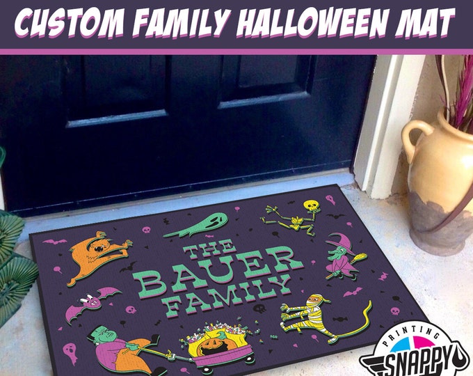 Custom Family Halloween Welcome Mat Retro Trick or Treat Monsters ...