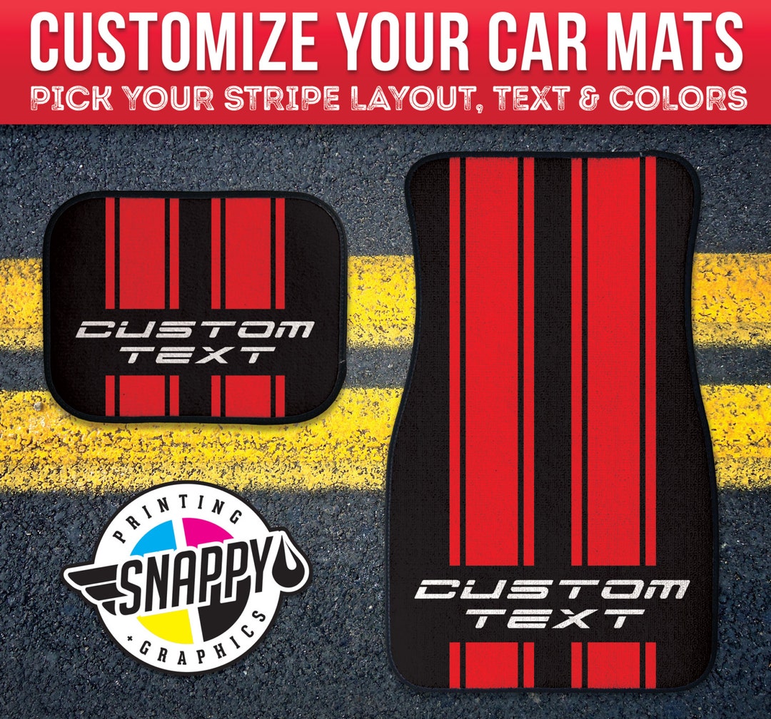 Customizable Racing Stripe Car Mats - Add Any Name - FULL SET - 17” X ...