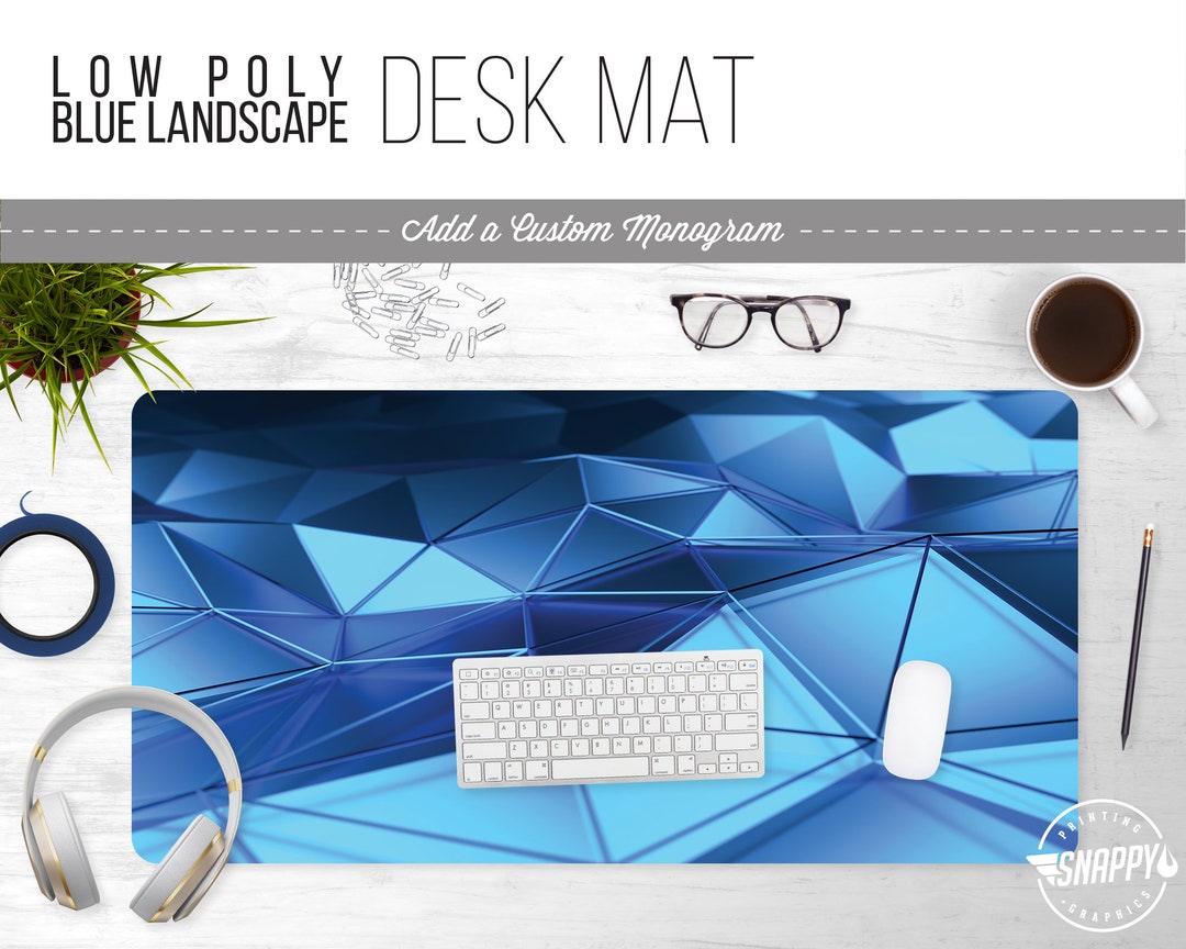 Low Poly Blue 3D Landscape Print Desk Mat W/ Custom Monogram - 3 Sizes ...
