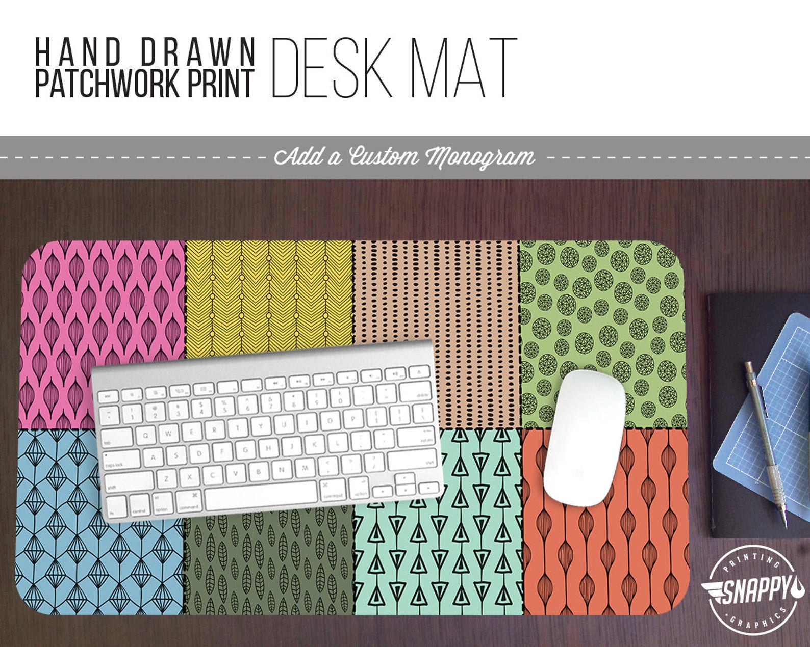 Hand Drawn Patchwork Print Desk Mat W/ Custom Monogram 2 - Etsy