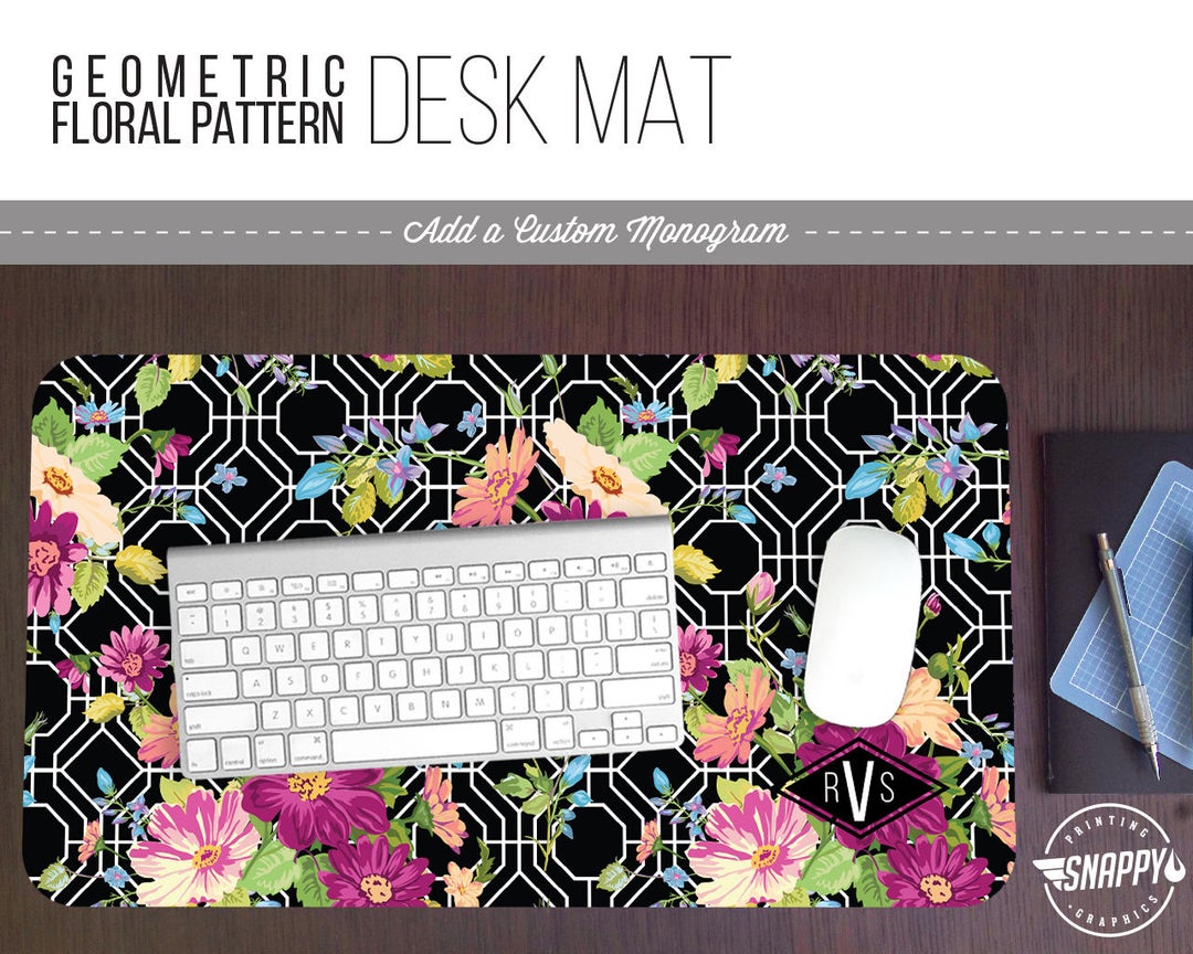 Geometric Floral Pattern Desk Mat W/ Custom Monogram - 3 Sizes - High ...