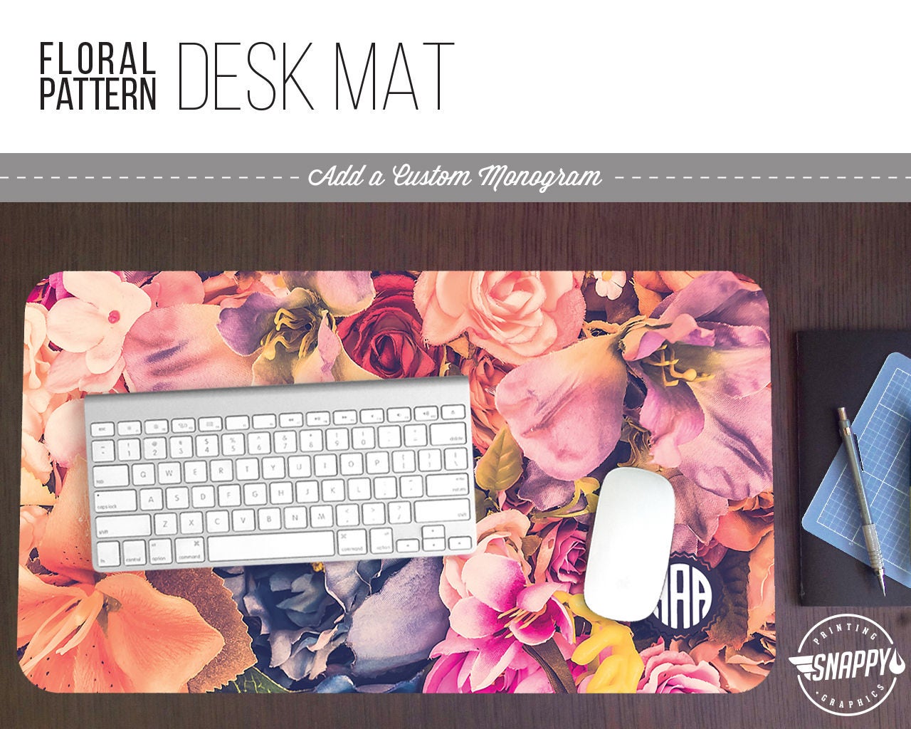 Floral Fabric Pattern Desk Mat w/ Custom Monogram 2 Sizes | Etsy