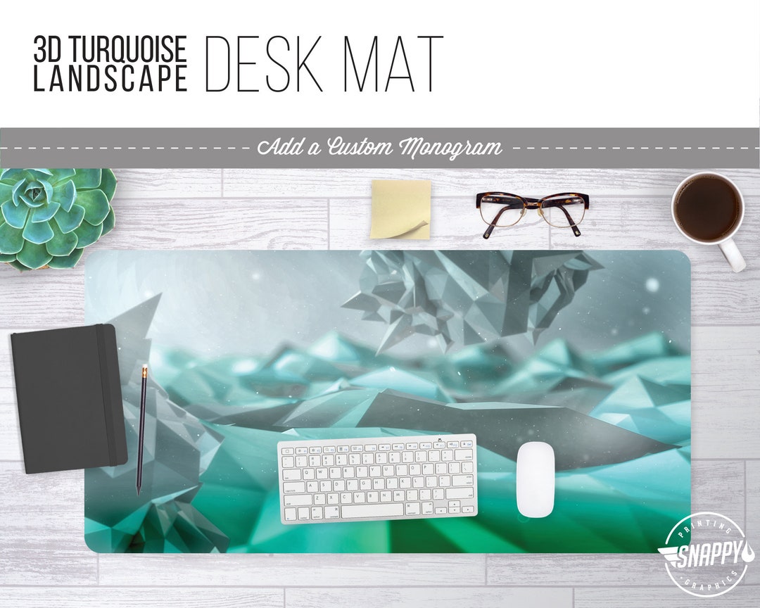 Turquoise Low Poly 3D Landscape Print Desk Mat W/ Custom Monogram - 3 ...