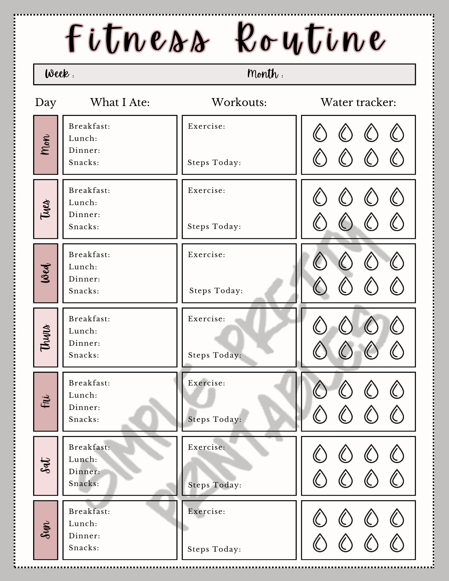 Fitness Routine Tracker Printable - Weekly Health Journal Page - Food ...