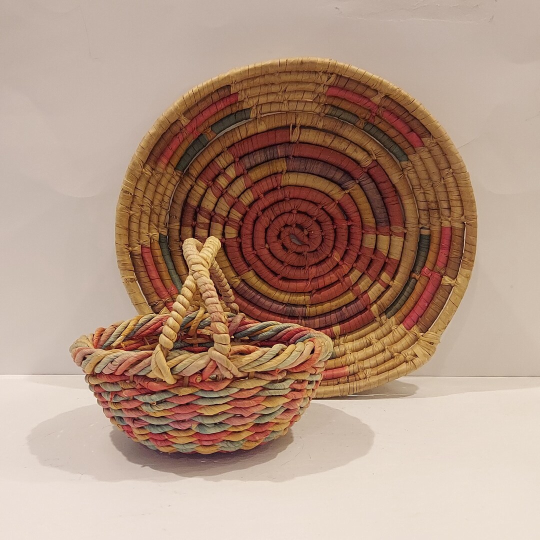 RARE VTG Hand Woven Multi Colored Basket Bowl & Woven Wicker Twisted ...