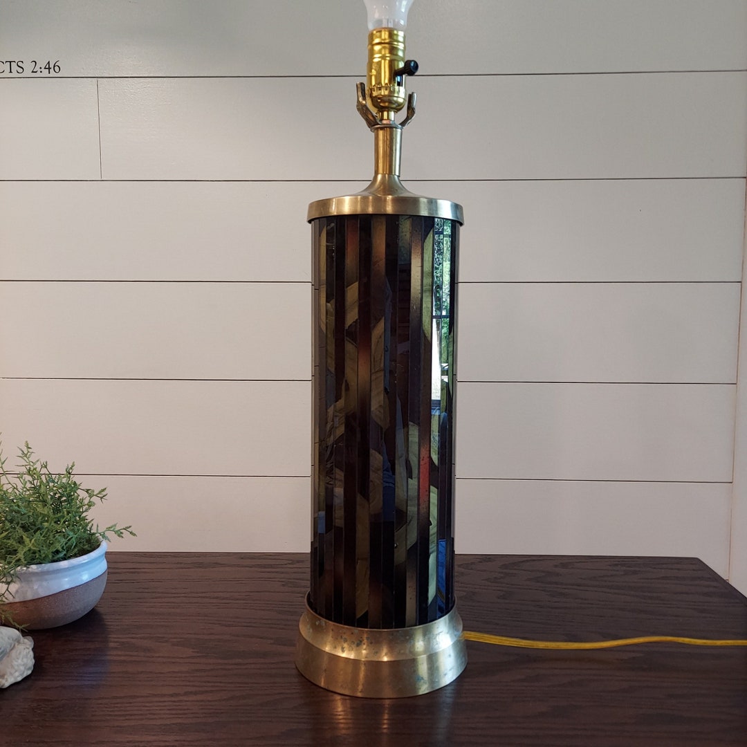 Rare Tall MCM Glass & Brass Cylinder Table Lamp With Brown Gold Black ...