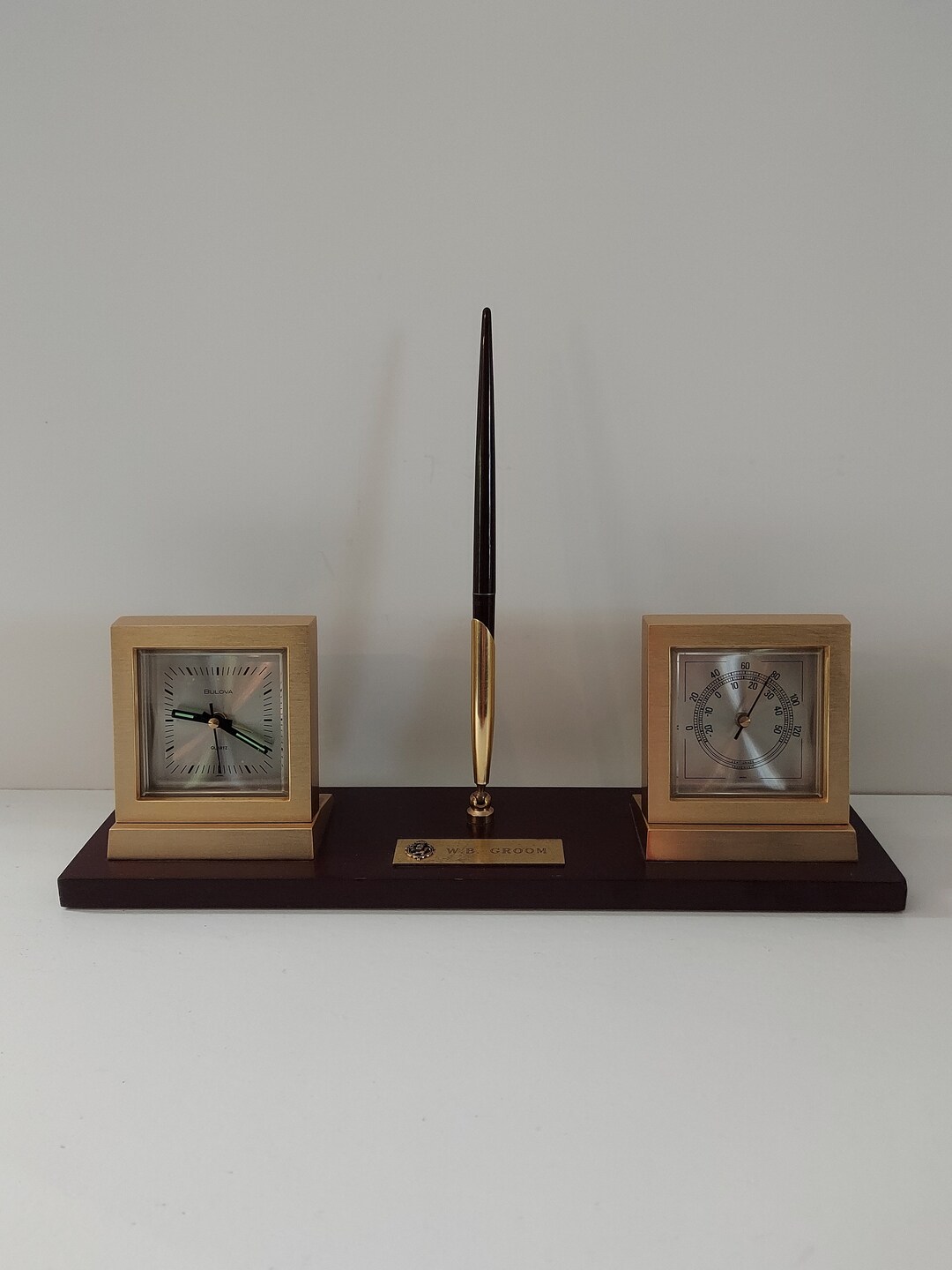 Vintage Desk Name Plate Clock With Pen & Thermometer by Bulova-retro ...