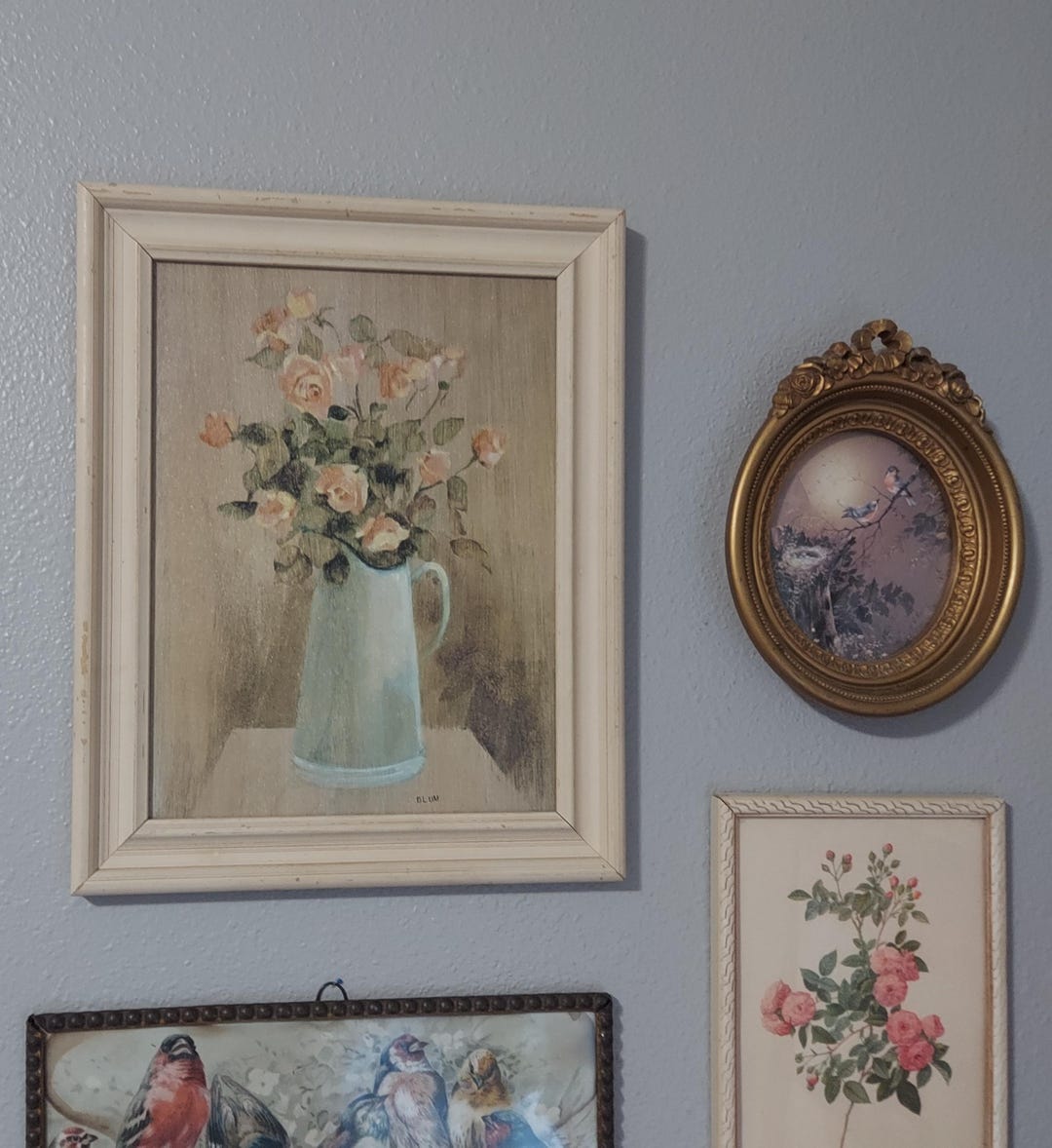 RARE 80's VTG Cheri Blum Framed Art Roses in White Pitcher in Muted ...