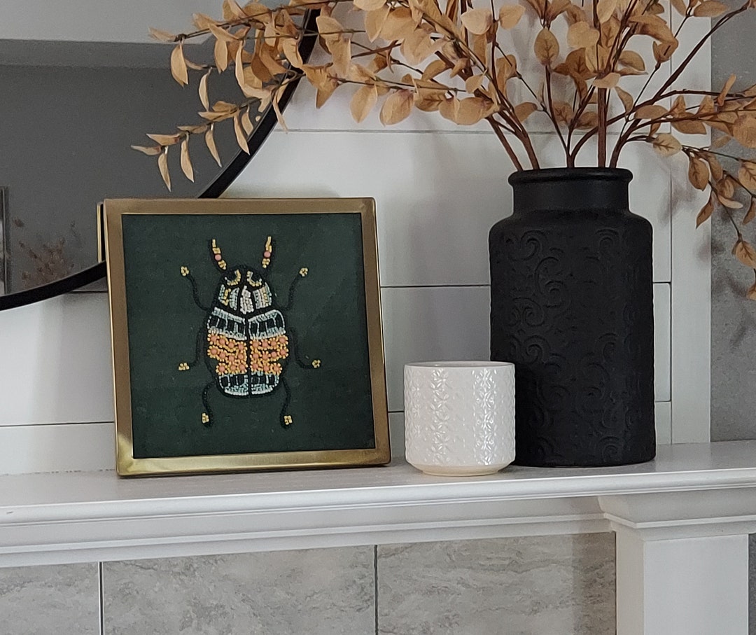 RARE Original Hand Beaded Beetle Art in Hand Worked Brass Frame Made in ...