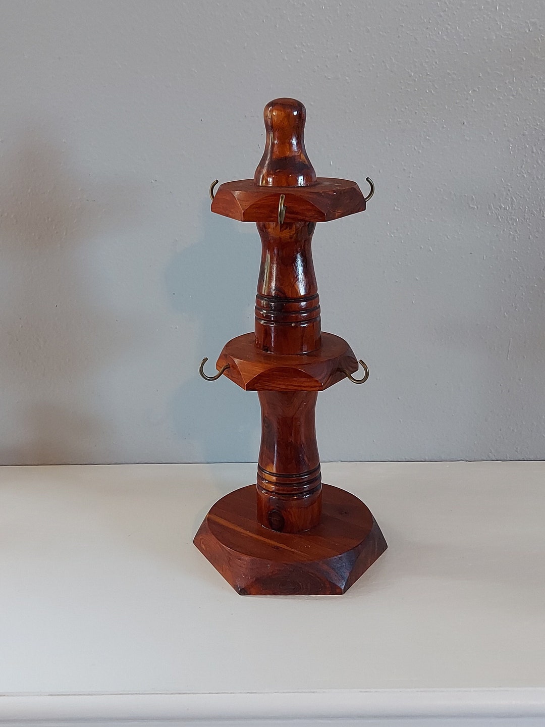 RARE Vintage Turned Wood Mug Tree-mid Century Handmade Wood Mug Tree ...