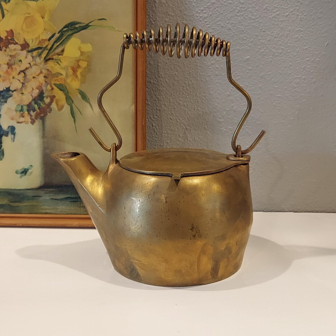 RARE Antique Cast Brass Kettle Teapot With Swivel Lid and Coil Spring ...