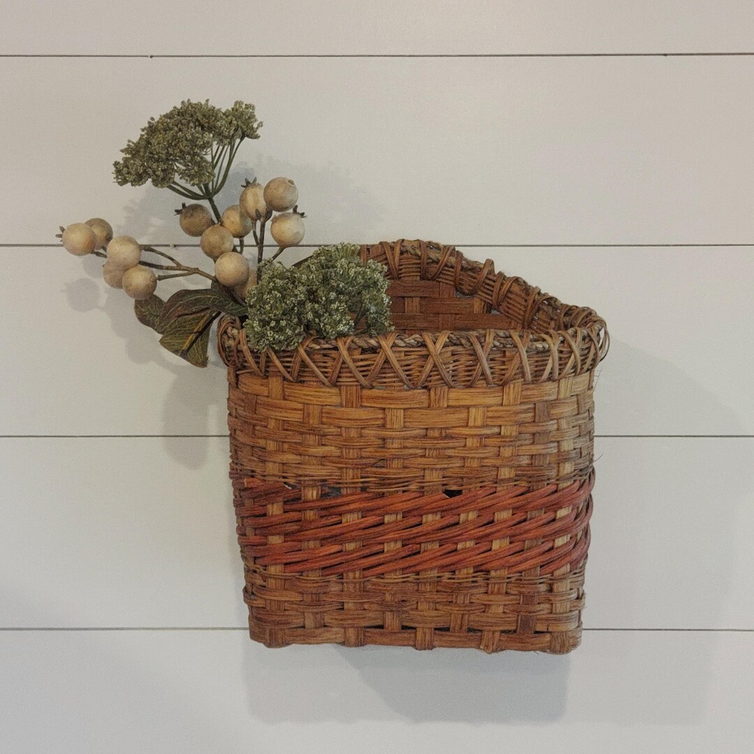 RARE VTG Splint Oak Wicker Bike Style Wall Basket With Rust Accent ...