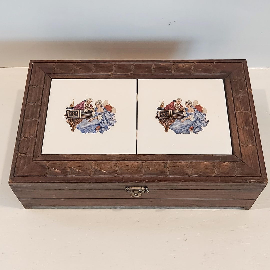 RARE Vintage Hand Carved Wood & Tile Box With Hinged Lid and Ornate ...