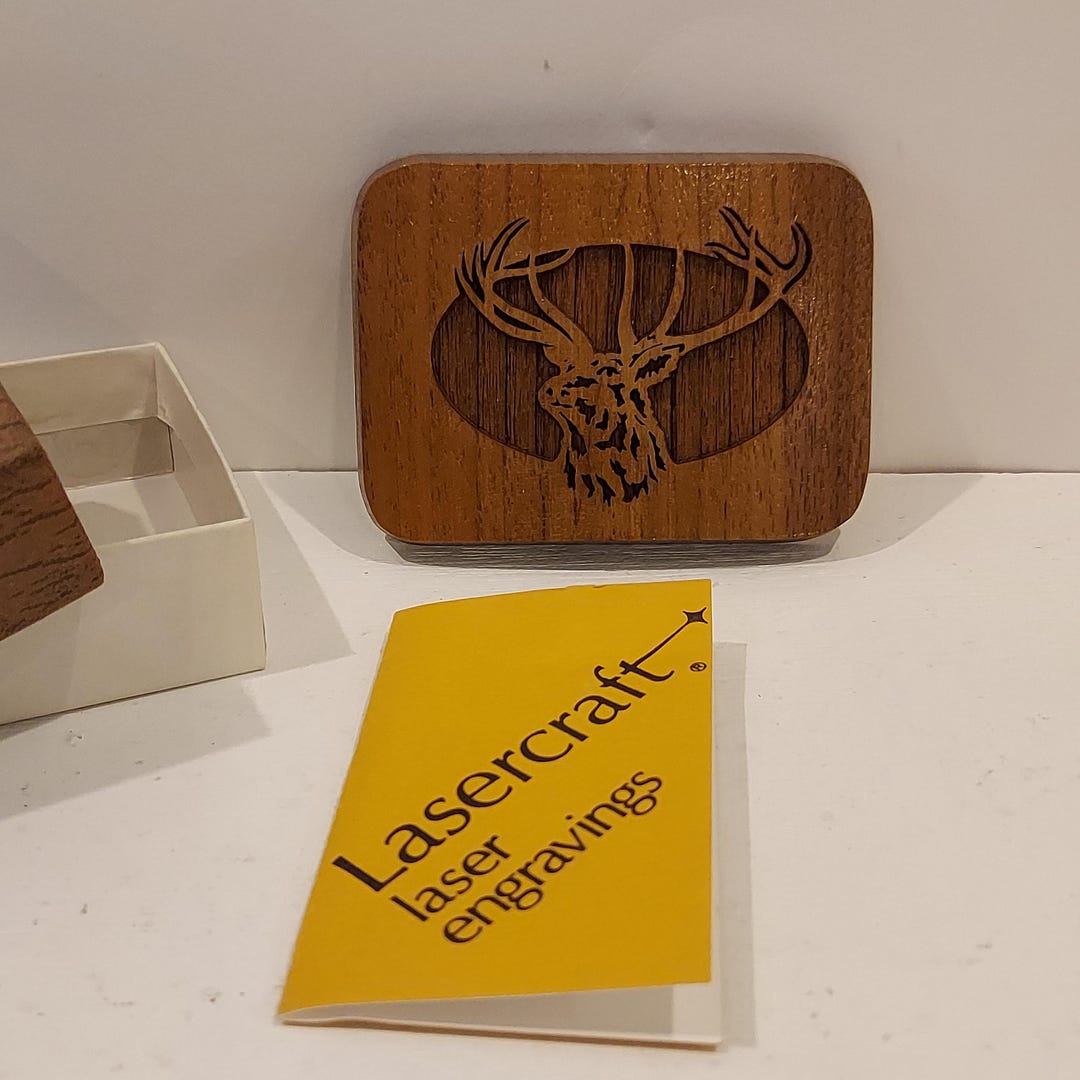RARE 70's Lasercraft Engraved Wooden Stag Deer Belt Buckle or Bull Elk ...