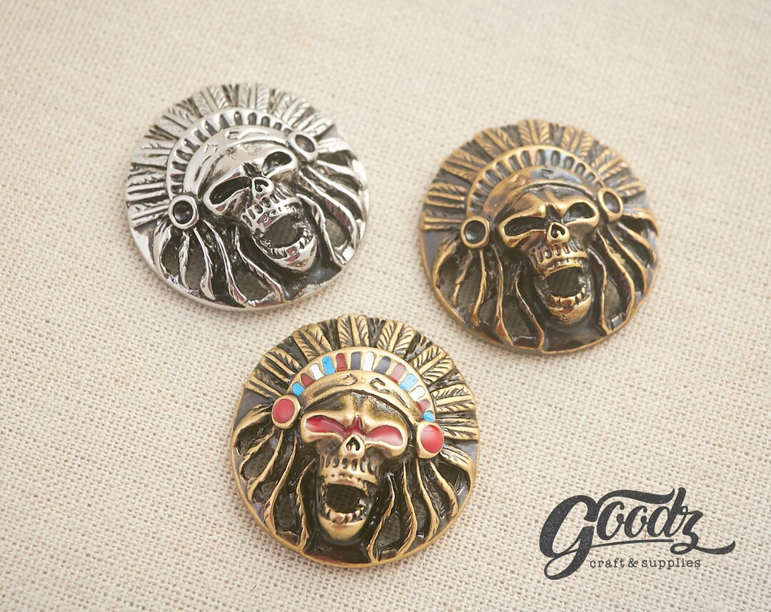 1 3/8 Vintage Indian Skull Concho Screw Back Round Indian Skull Concho ...