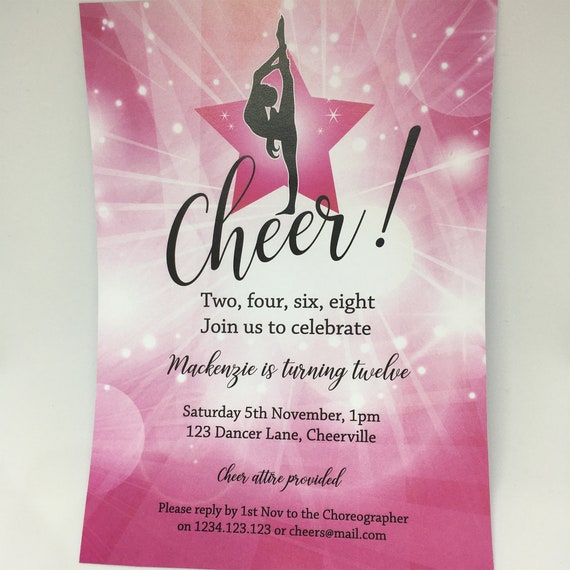 Editable And Printable Cheerleader Party Invitation Template 5x7in Pink Black Double Sided