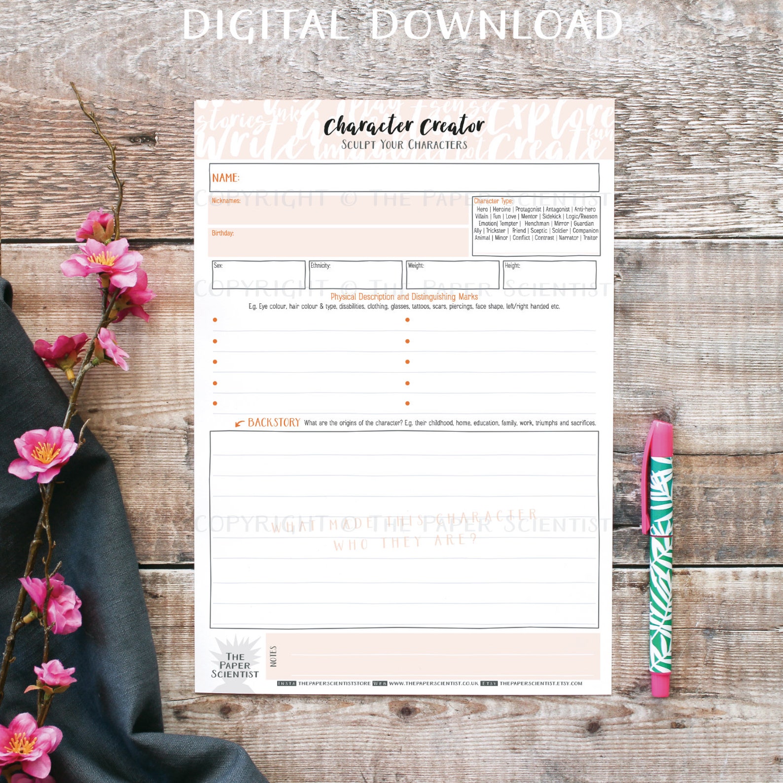 Printable Character Creator for Writers Downloadable - Etsy