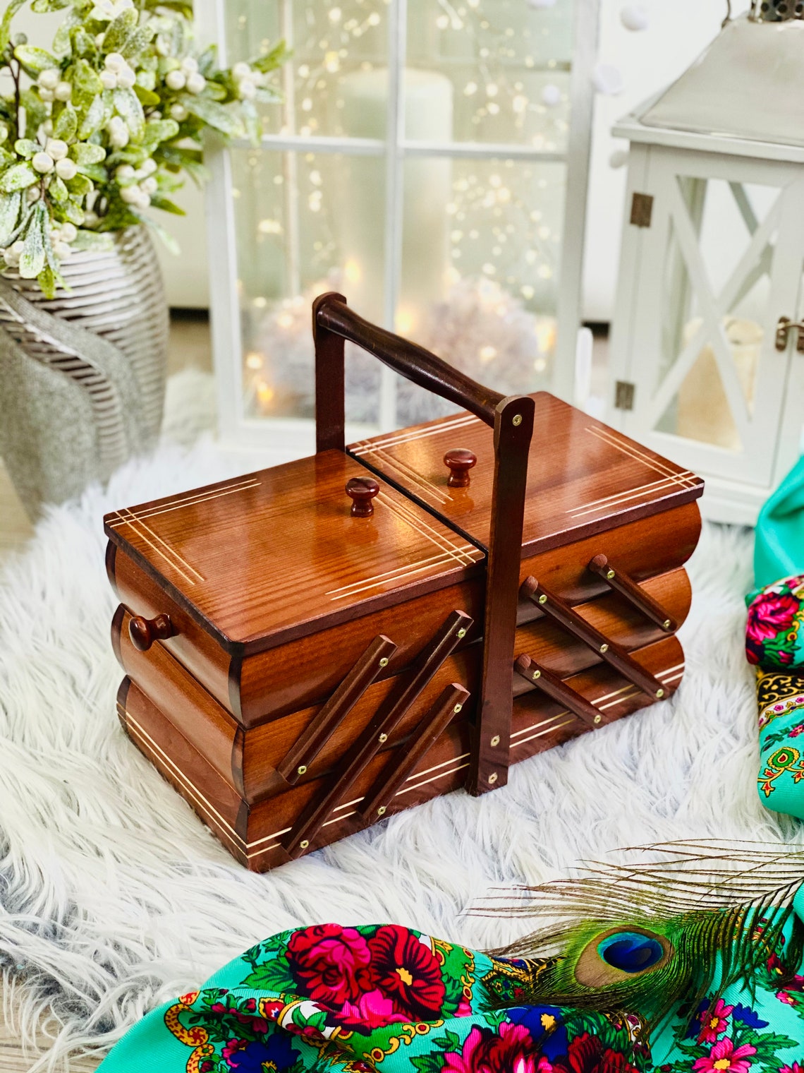 Large Wooden Sewing Box Alder-colour Concentrina Storage Box | Etsy