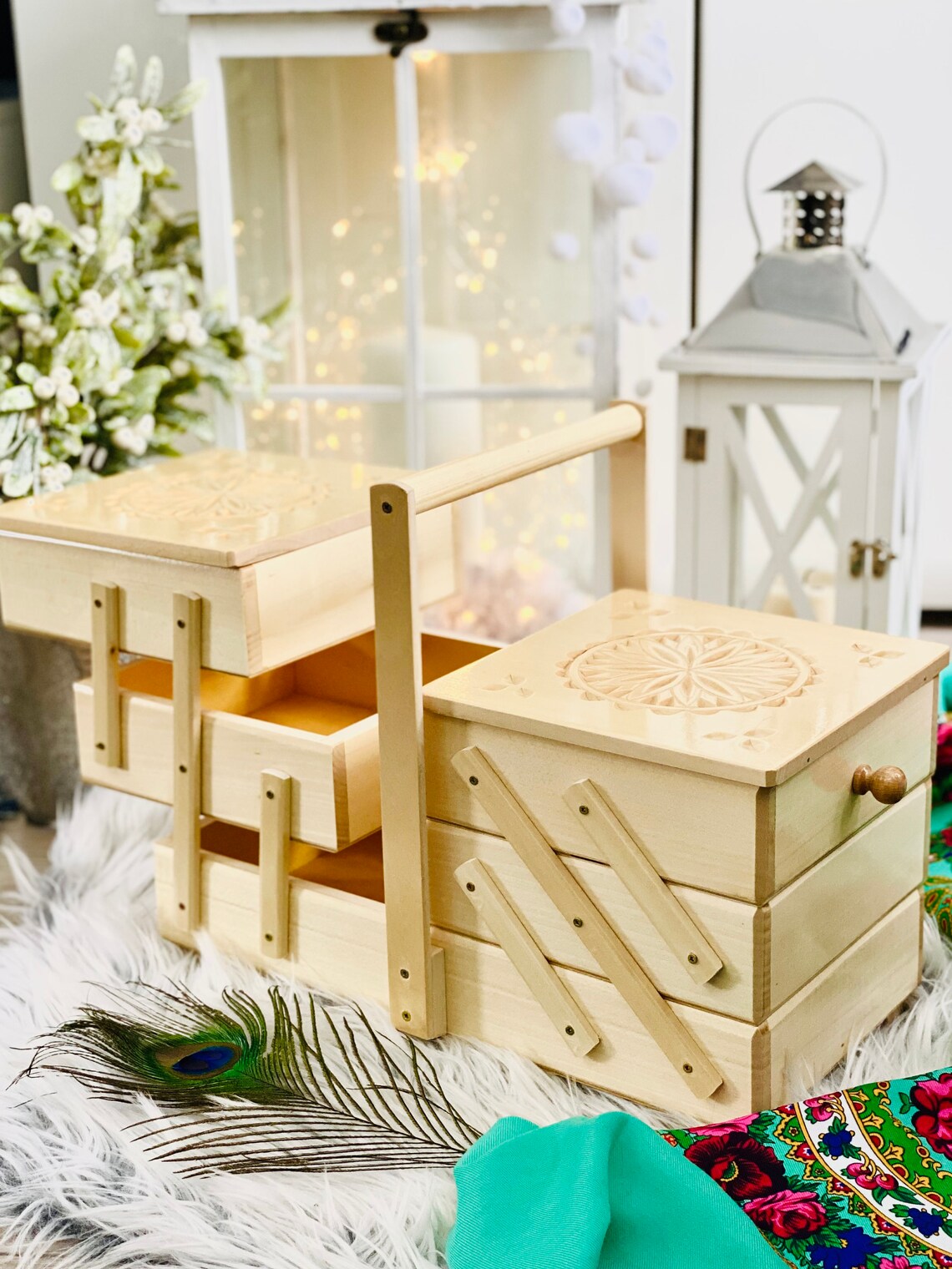 Large wooden sewing box creamy concentrina storage box | Etsy