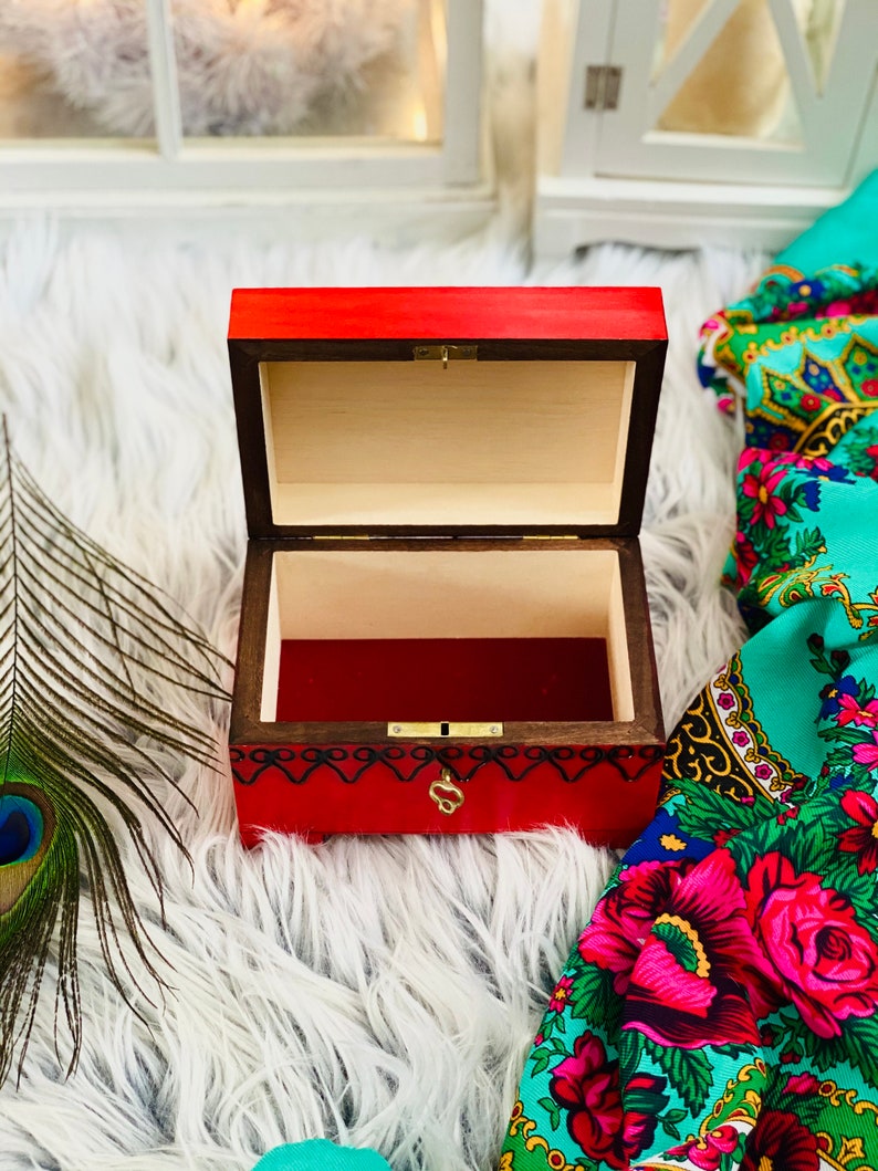 Wooden Jewelry Box Small Red Casket With Key Lime Wood Box | Etsy