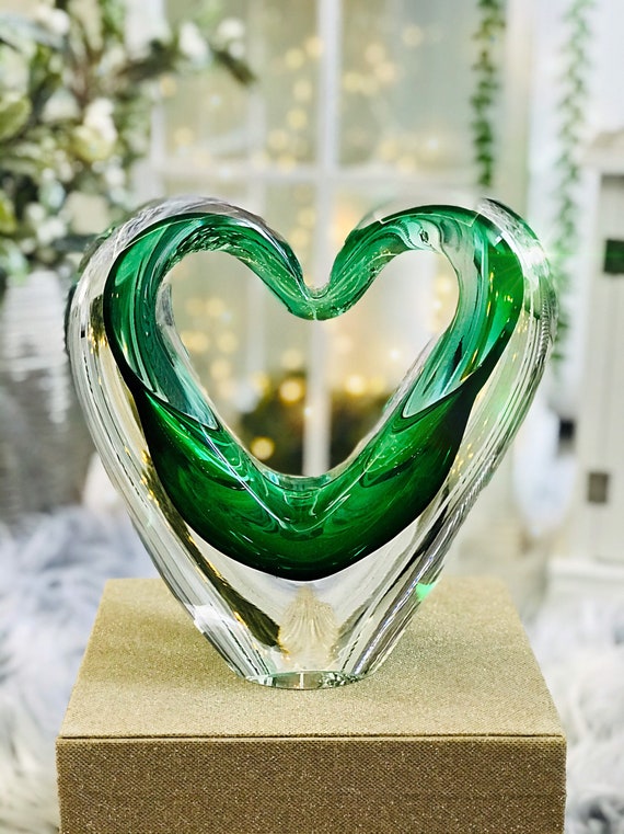 Big Crystal Green Glass Heart Sculpture Green Heart Glass | Etsy