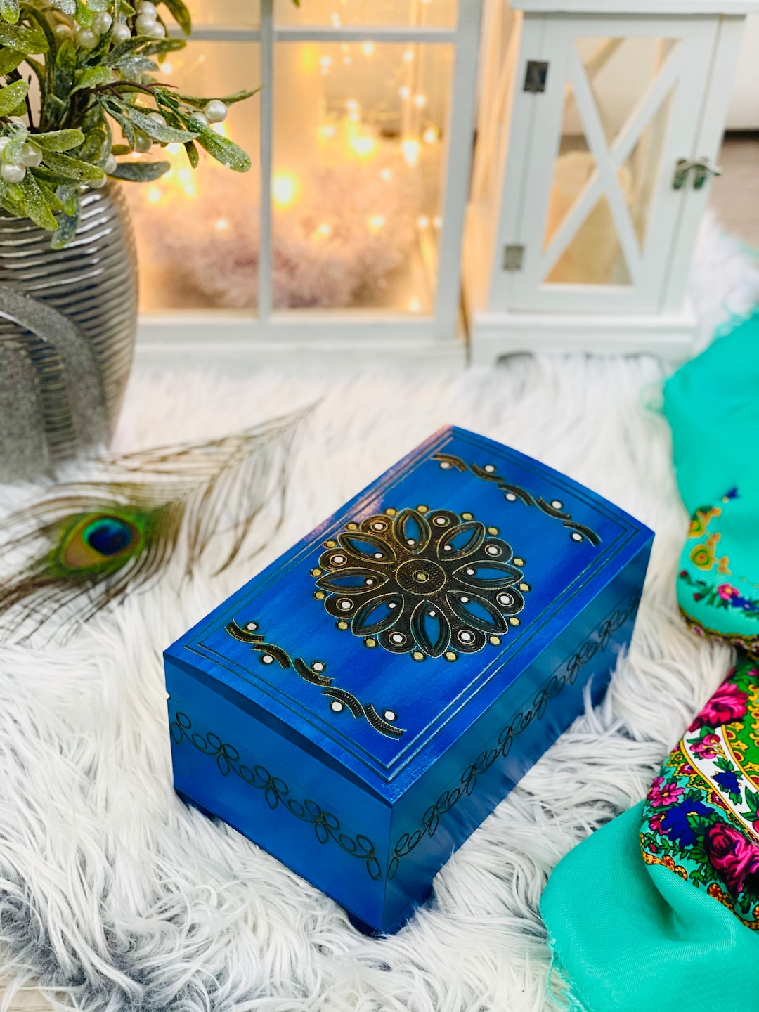 Wooden Jewelry Box, Dark Blue Watch Box, Navy Casket for Trinkets With ...