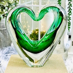 Big Crystal Green Glass Heart Sculpture, Green Heart Glass Figurine ...