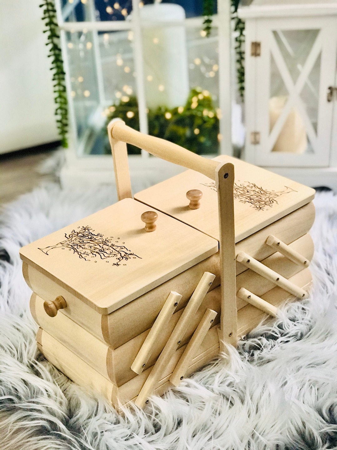 Big Wooden Sewing Box, Beige Concentrina Storage Box, Creamy Sewing ...