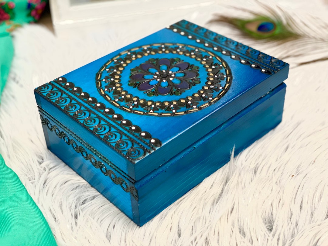 Wooden Jewelry Box, Blue Wood Box, Flat Wooden Box for Trinkets With ...