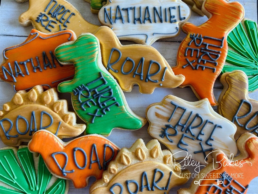 Three Rex Birthday Cookies: Dinosaur Theme, Custom Tags Available - Etsy