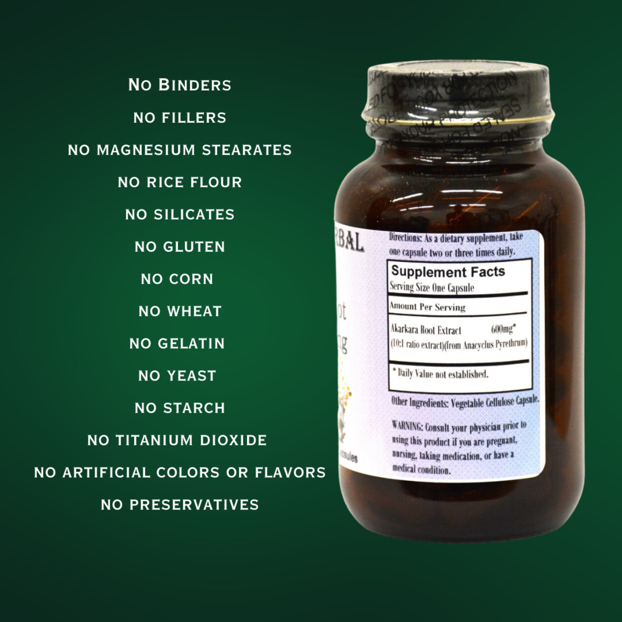 Akarkara 10:1 Extract anacyclus Pyrethrum 60-600mg Vegi-caps, Stearate ...