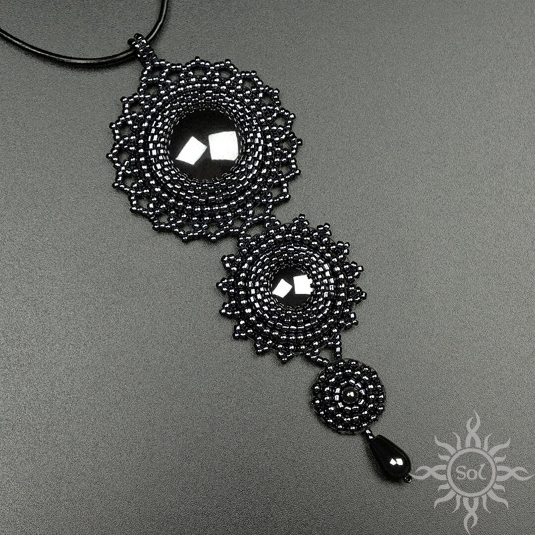 Vorös - Graphite Hematite Long Pendant With Hematite Gemstones and Toho ...