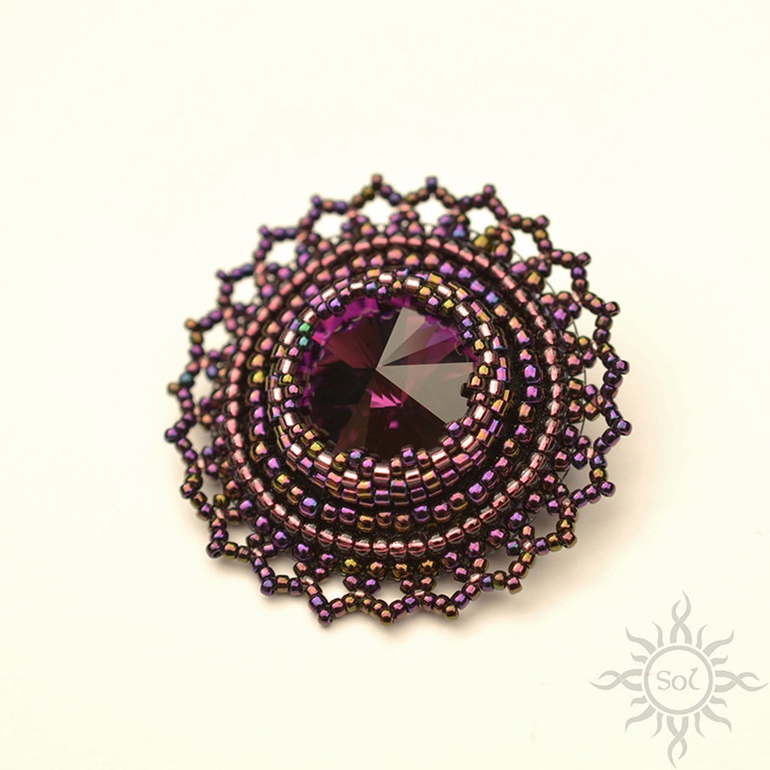 AMETHYST - Purple Flower Bead Embroidery Brooch With Swarovski Crystal ...