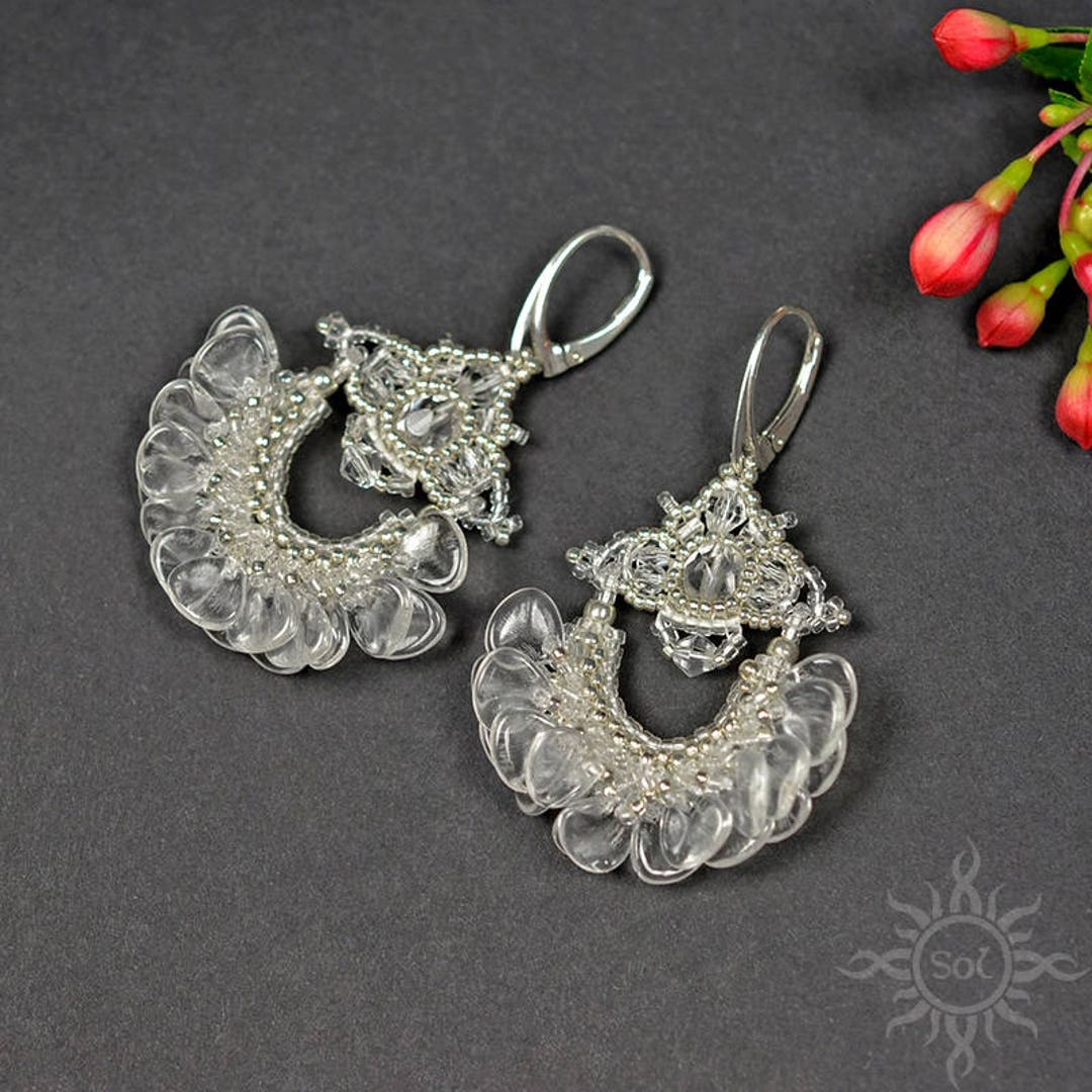SADI - Transparent Silver Dangle Wedding Beadwoven Earrings With Toho ...