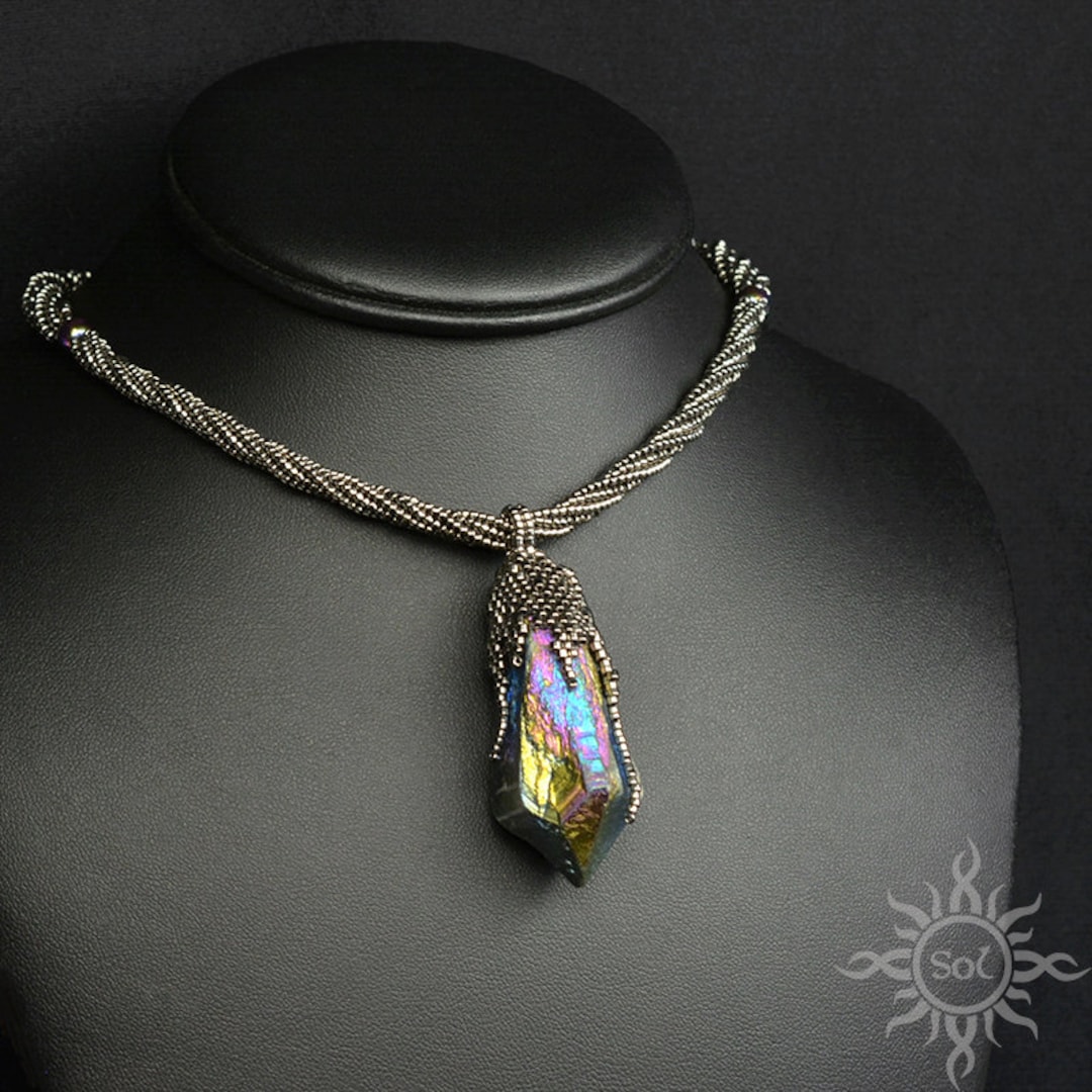 VOIMA - Old Silver Rainbow Elvish Beadwoven Necklace With Aura Quartz ...