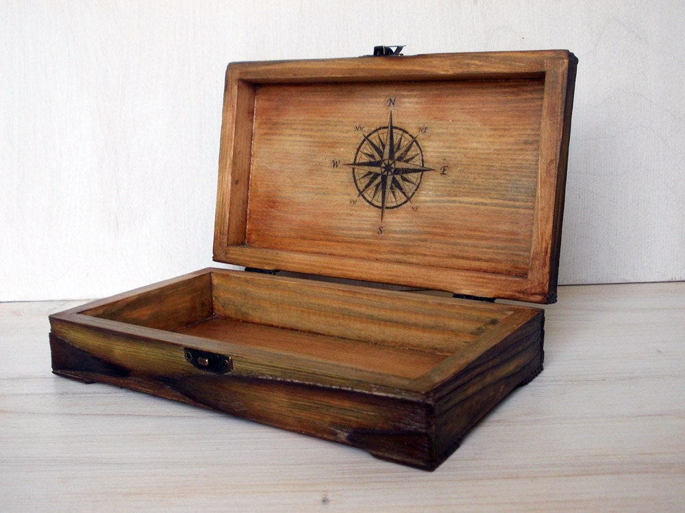 Wooden Box Cash Box Rustic Old Map Treasure Map Compass Wind Rose Brown ...