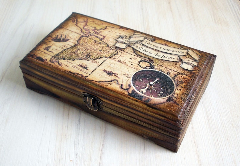 Wooden Box Cash Box Rustic Old Map Treasure Map Compass Wind Rose Brown ...