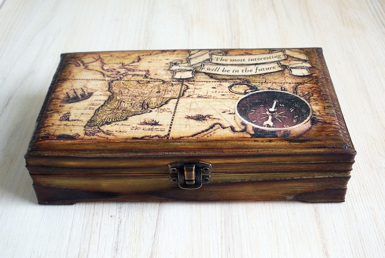 Wooden Box Cash Box Rustic Old Map Treasure Map Compass Wind Rose Brown ...