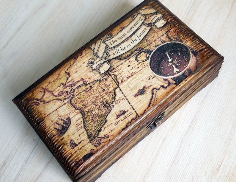 Wooden Box Cash Box Rustic Old Map Treasure Map Compass Wind Rose Brown ...