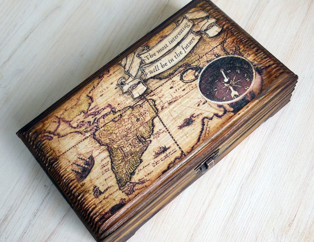 Wooden Box Cash Box Rustic Old Map Treasure Map Compass Wind Rose Brown ...