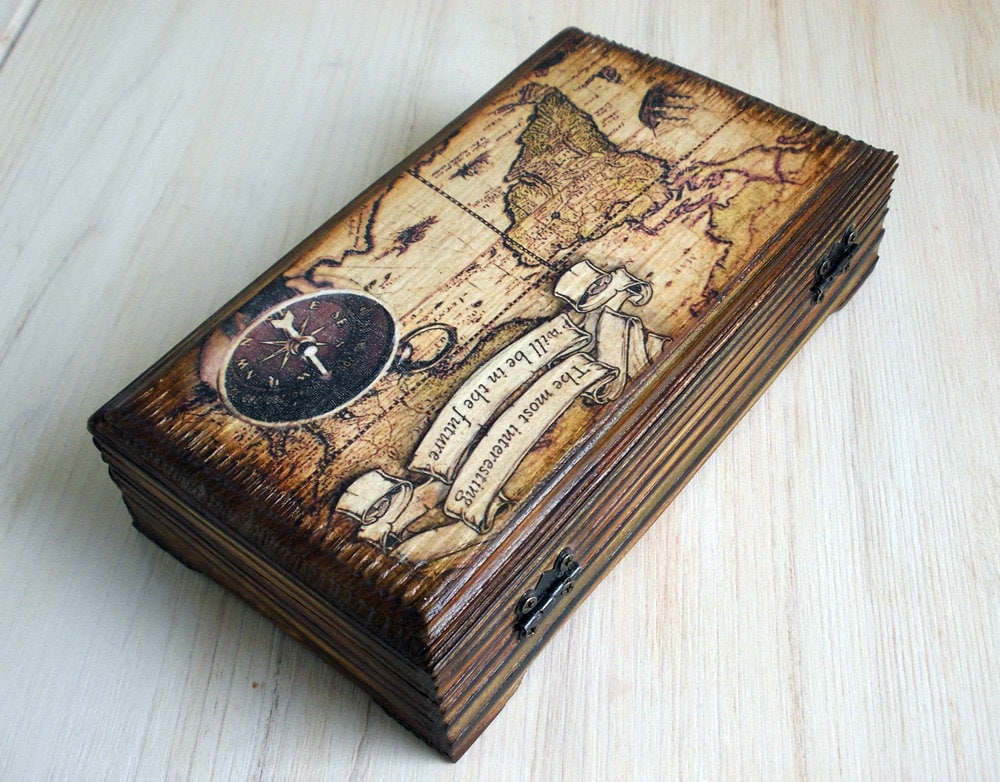 Wooden Box Cash Box Rustic Old Map Treasure Map Compass Wind Rose Brown ...