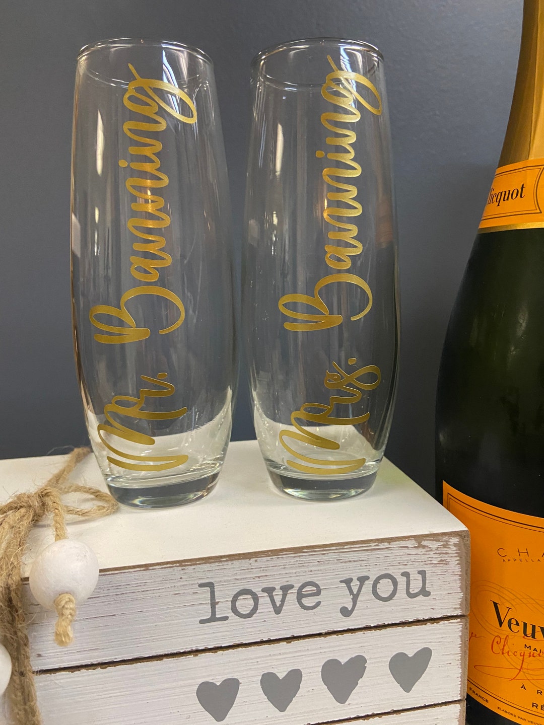 Custom Mr. & Mrs Stemless Champagne Flutes with last name- Custom ...
