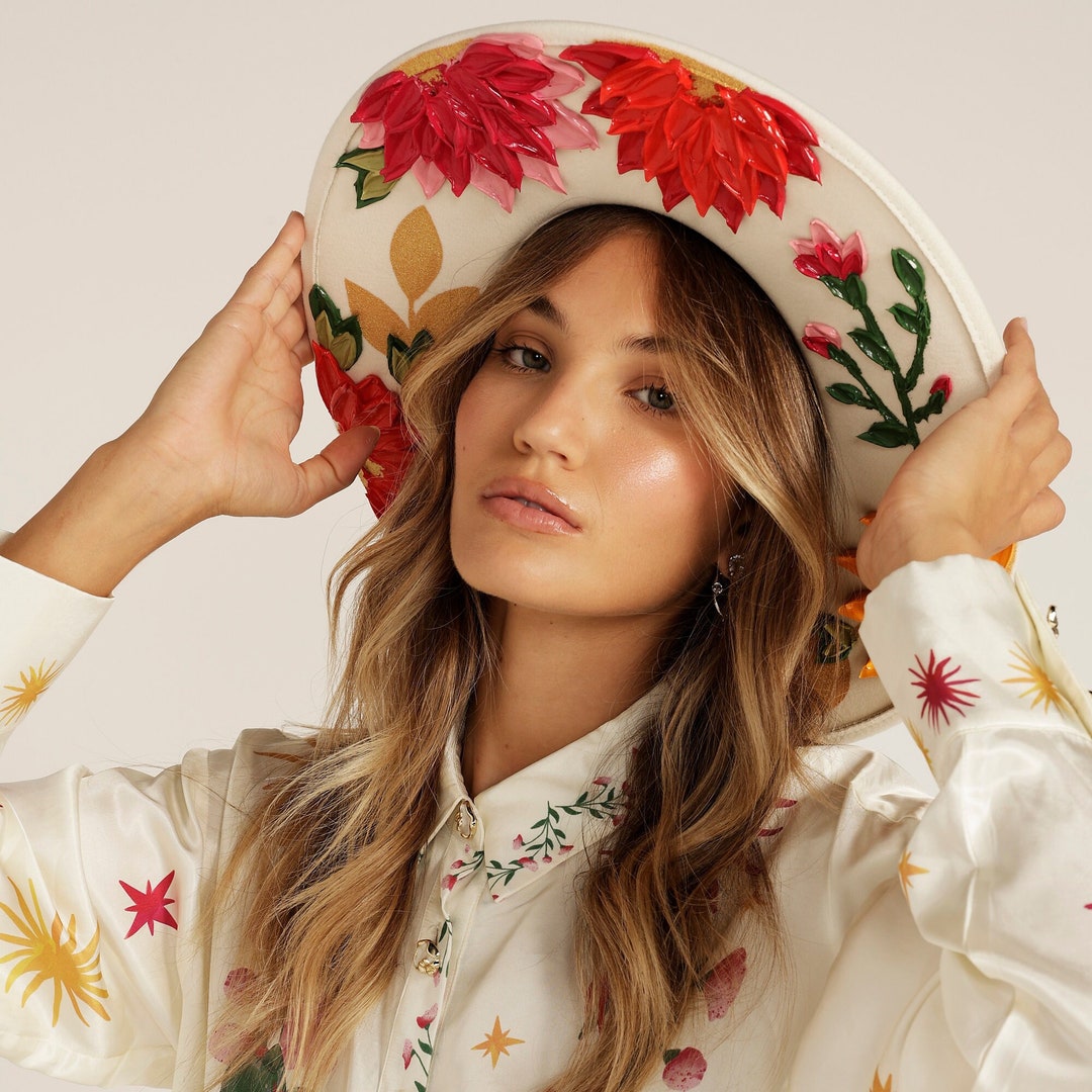 Flower Hat - Rancher Hat Thick Paint Hat - Western Wide Brim Hat ...