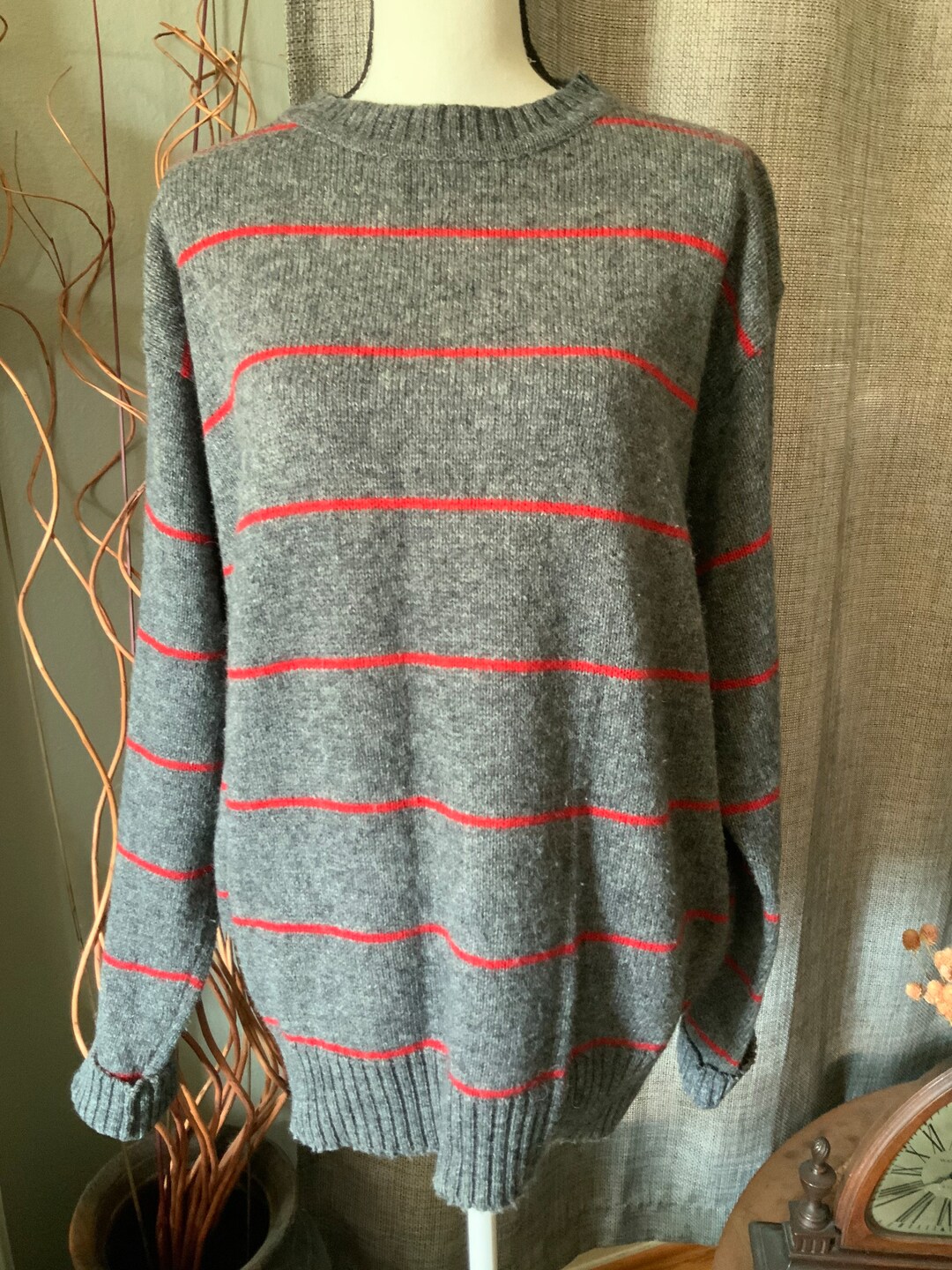 1980s XL Warren Scott Red & Grey Striped Sweater wool/acrylic Blend - Etsy