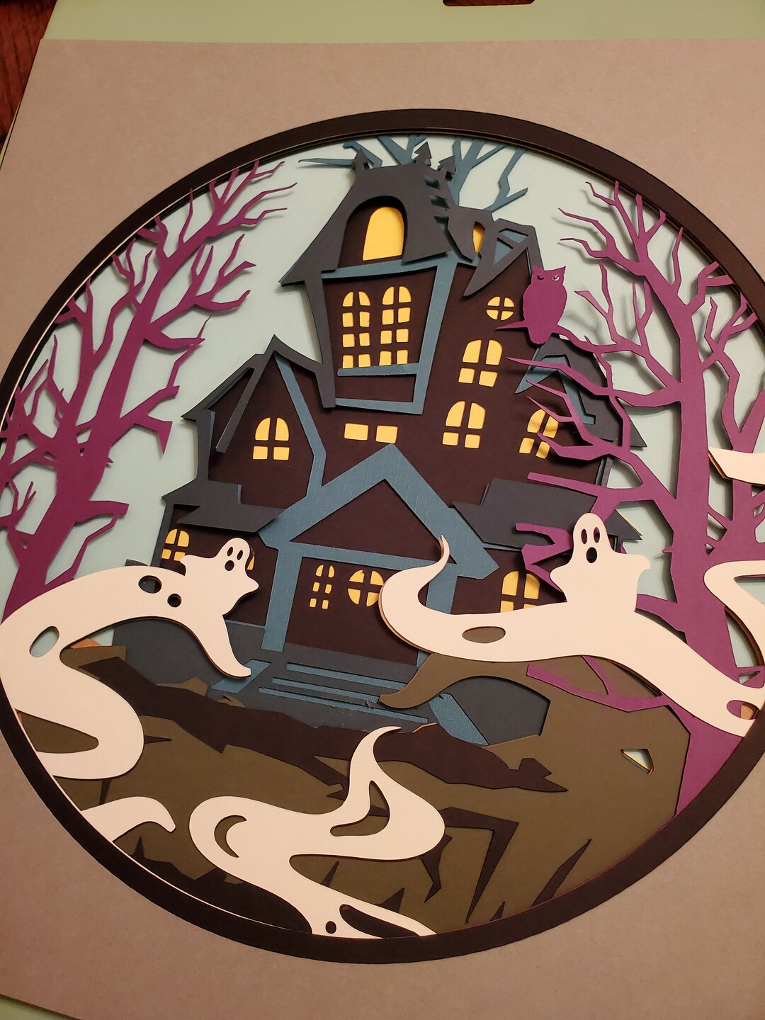 Halloween Shadowbox: Haunted Mansion, Bats, Ghosts - 3D Layered Paper ...