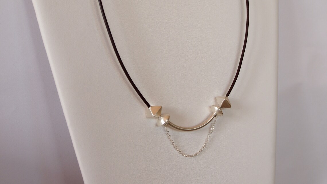 Modern Necklace in Sterling Silver With Matte Finish and Leather Cord ...