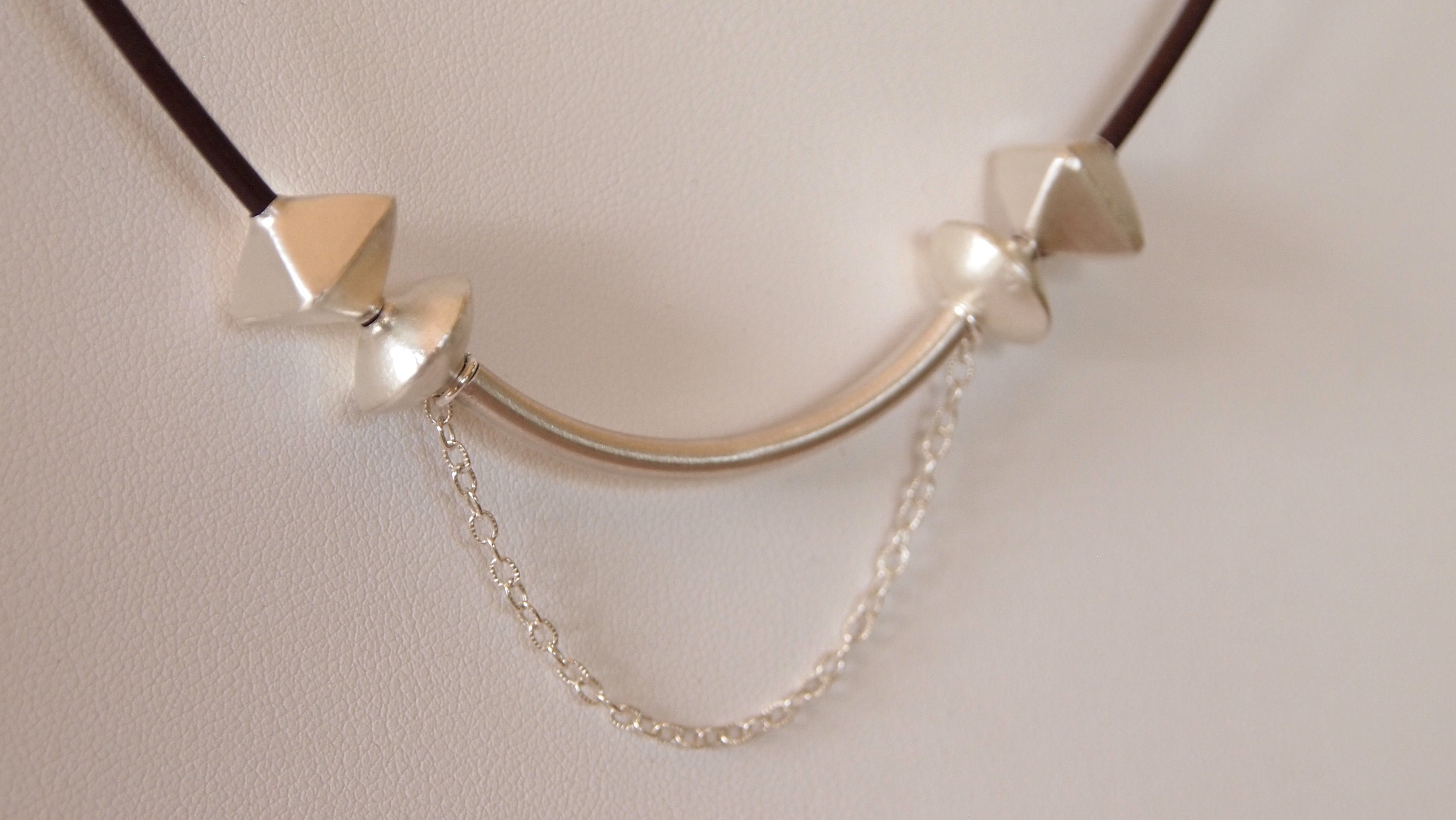 Modern Necklace in Sterling Silver With Matte Finish and Leather Cord ...