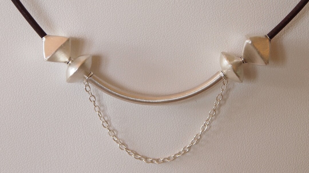 Modern Necklace in Sterling Silver With Matte Finish and Leather Cord ...