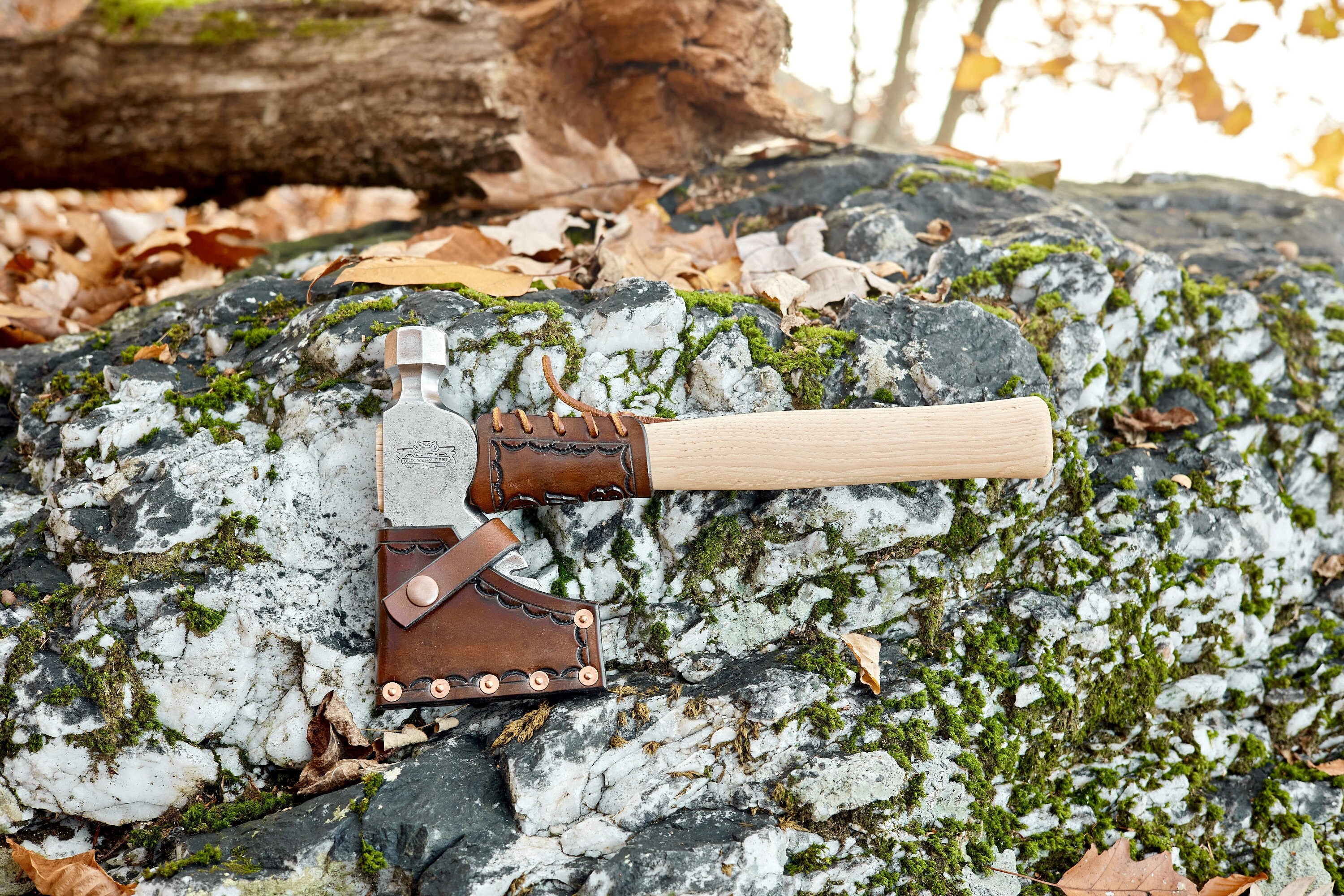 OVB Hatchet with custom Leather Sheath and overstrike guard Our Very Best
